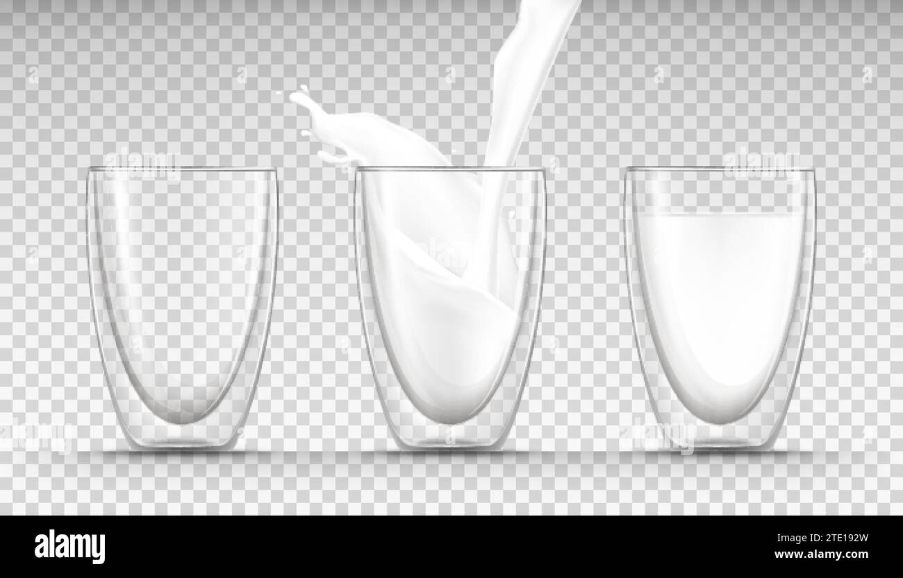 Set of vector realistic glasses empty, full and flowing milk and a milk ...