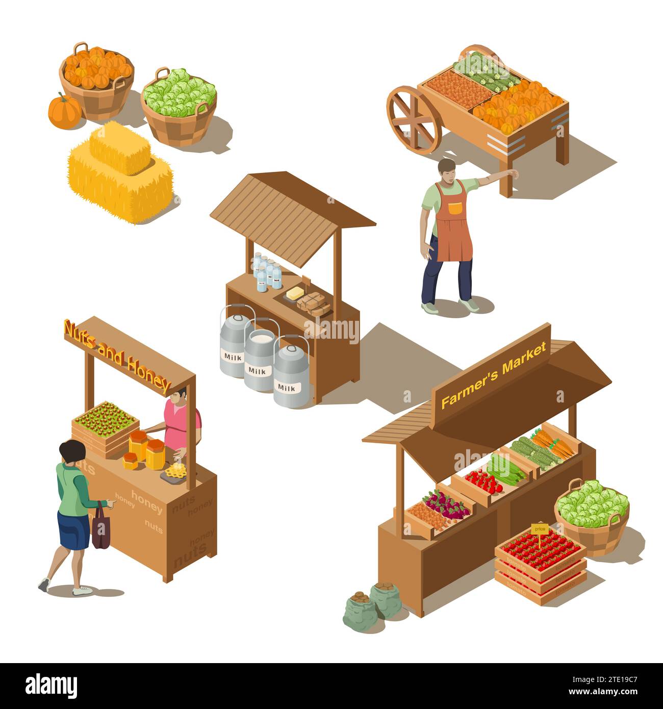 Farm local market isometric set of food counters with fresh health ...