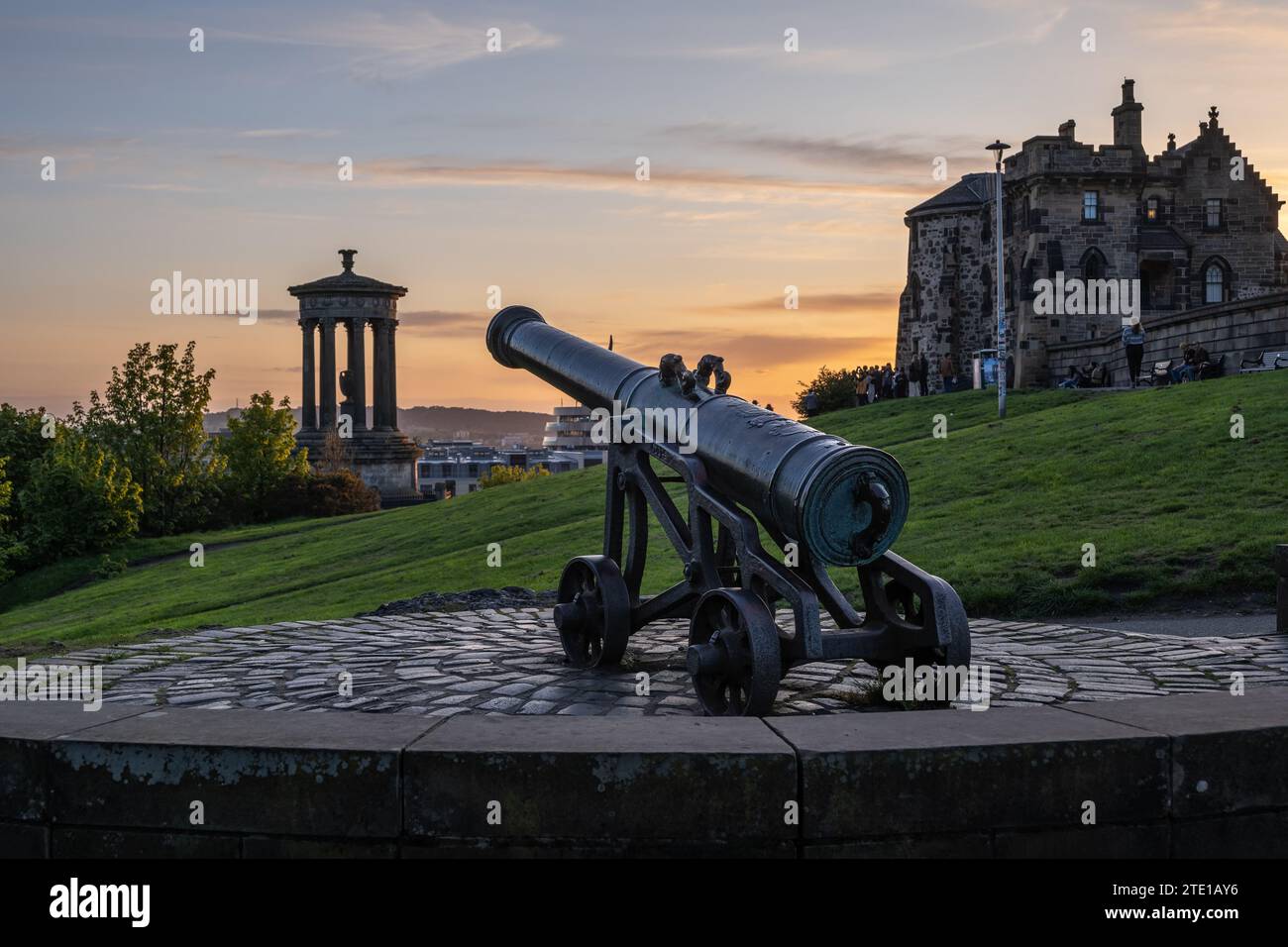 Portuguese Cannon on Calton Hill at dusk in Edinburgh, Scotland, UK. On ...