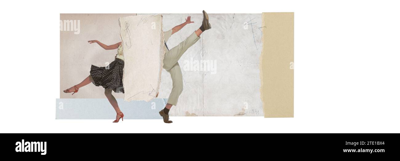 Young man and woman cheerfully dancing over pastel background. Social ...