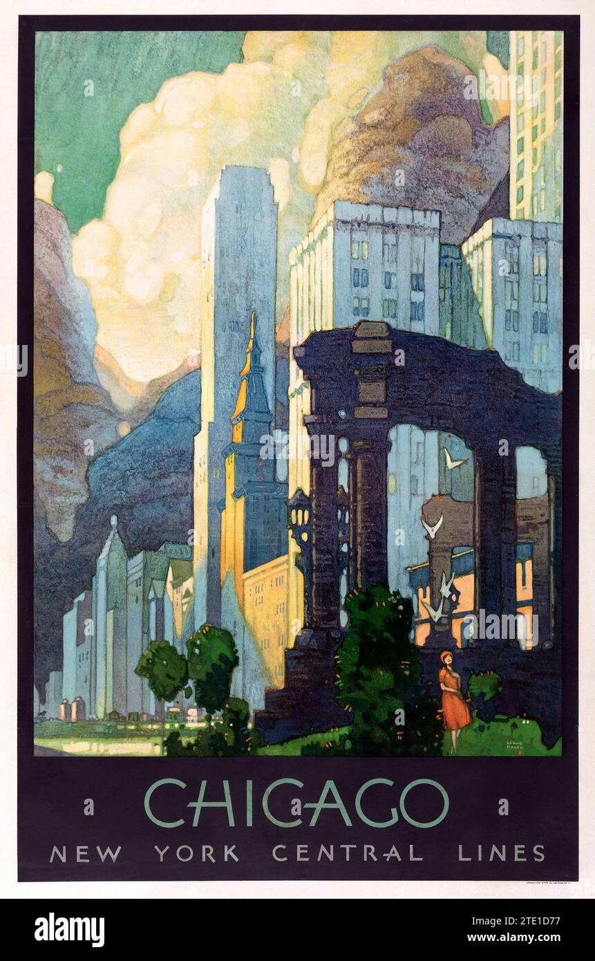 Chicago (New York Central Lines, c. 1930) American, Chicago Travel Poster - Leslie Darrell Ragan ...