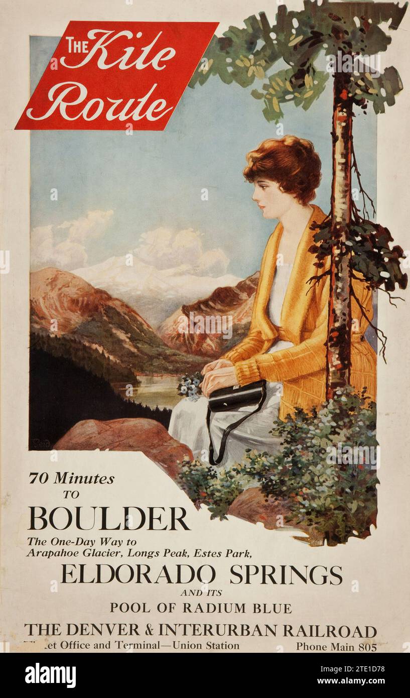 The Kite Route - Denver Railroad Terminal Poster (c. 1910) To Boulder, Eldorado Springs and its ...