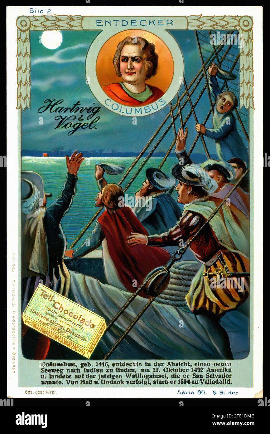 Christopher Columbus - Vintage German Tradecard Illustration Stock ...