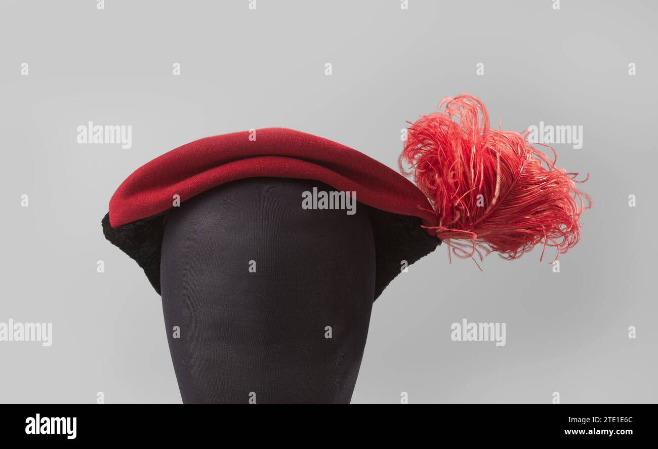 Hat in a flat PET shape of red sheet and on the sides with black ...