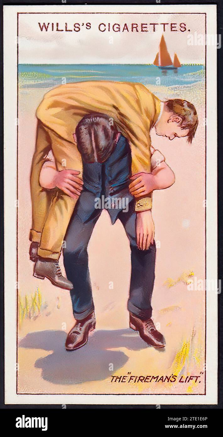 First Aid, The Fireman's Lift - Vintage Cigarette Card Illustration ...