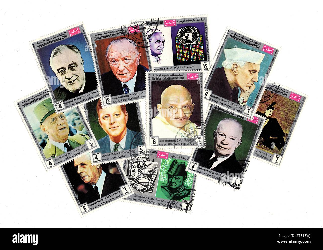 Vintage postage stamps from Yemen featuring portraits of Famous Men of ...