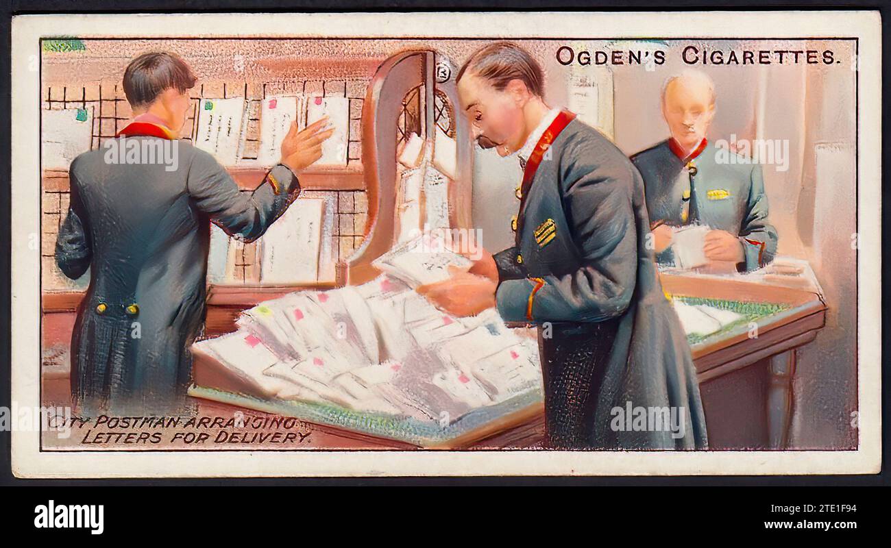 Postman Arranging Letters - Vintage Cigarette Card Illustration Stock ...