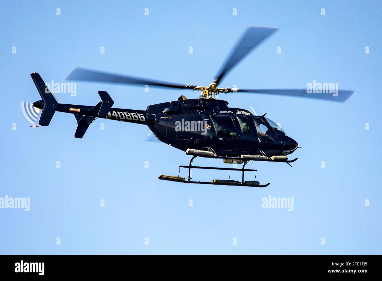 New York, USA; June 1, 2023: Photo of a helicopter flying over the Big ...