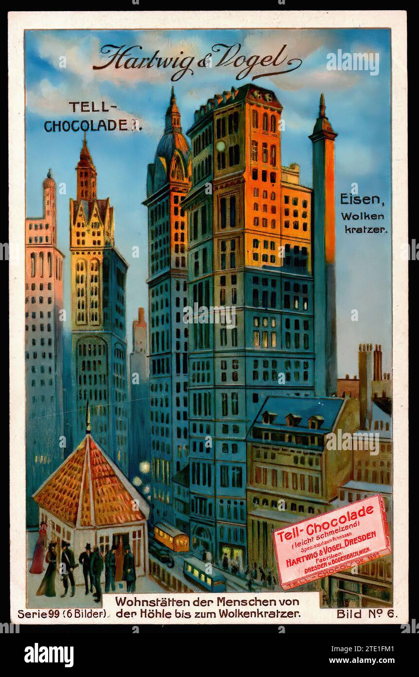 Skyscraper - Vintage German Tradecard Illustration Stock Photo - Alamy