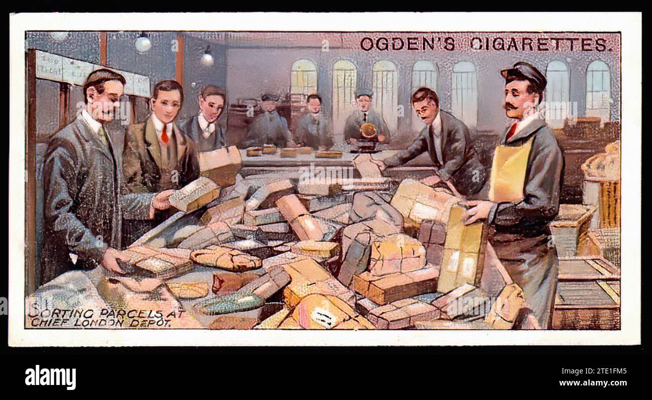 Sorting Parcels - Vintage Cigarette Card Illustration Stock Photo - Alamy