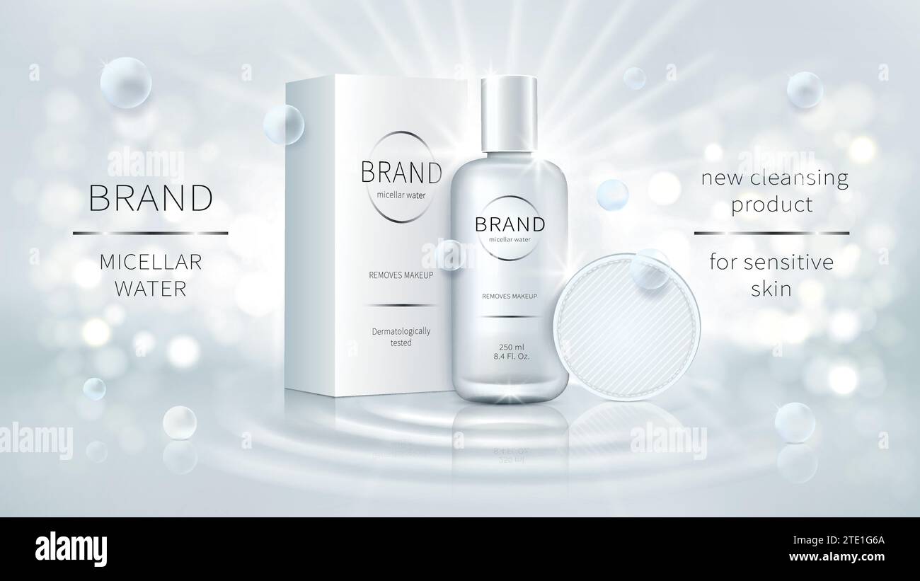 Vector cosmetic promo poster for make-up remover. White plastic bottle ...