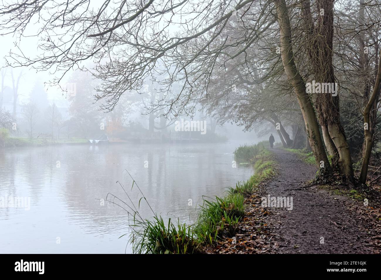 The River Wey navigation canal on a cold and foggy winter's day ...