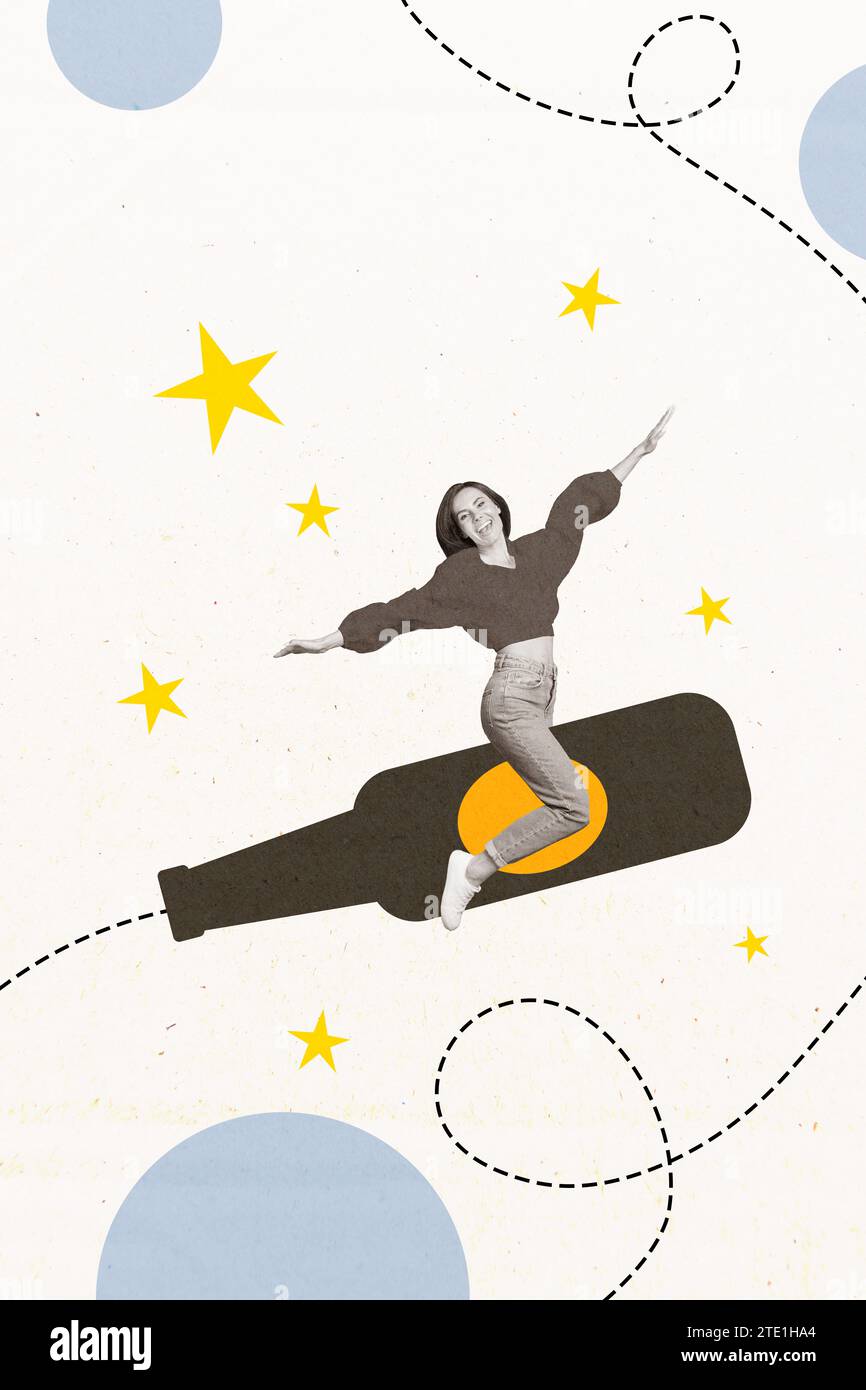 Vertical Creative Collage Young Girl Riding Beer Bottle Drunk Party Celebration Event Flying