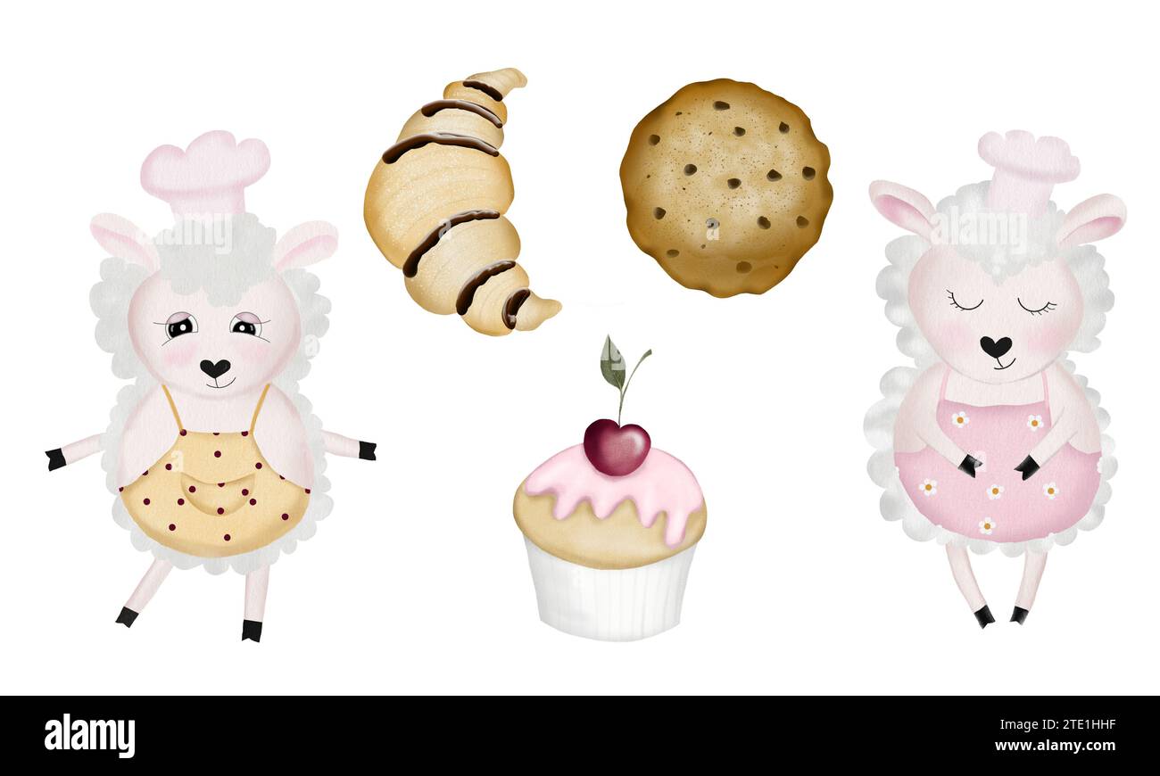 Pastry chefs sheep cute watercolor bakery set. Lamb animal with cookies ...