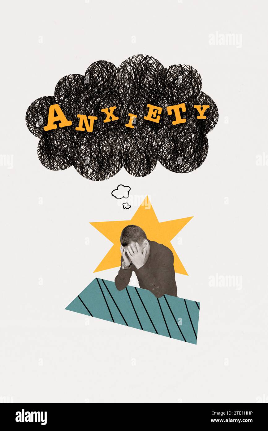 Creaive vertical collage sad young worker man feel anxious depressed ...