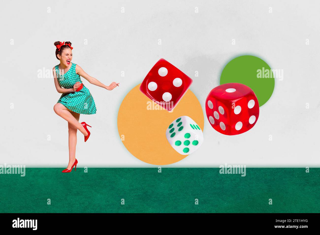 Horizontal retro photo collage of young overjoyed girl dance at party ...