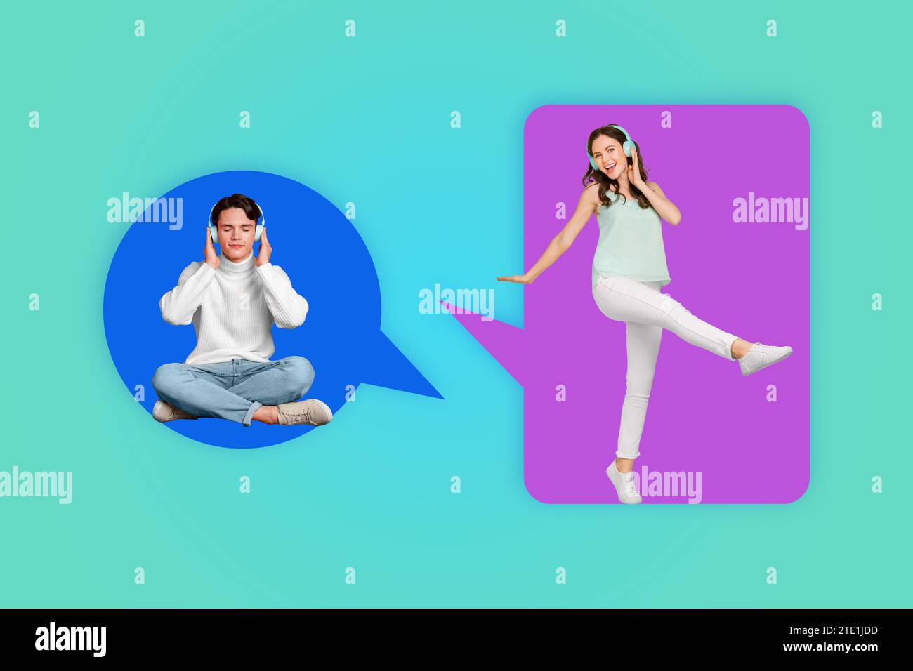 Creative collage image poster two lovely happy chill funny young people ...