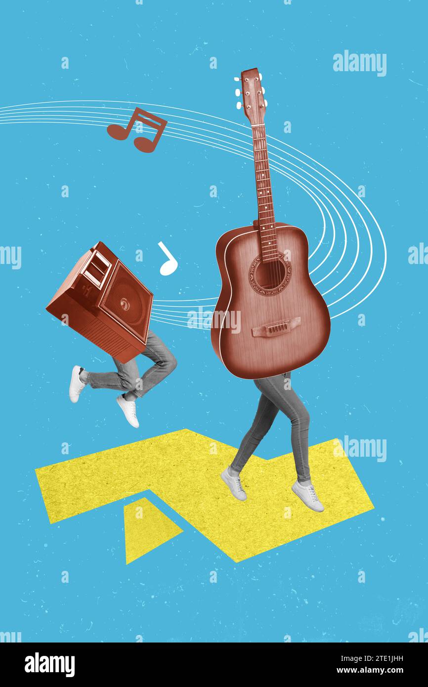 Vertical creative collage image of funny bodyless guitar column dynamic ...