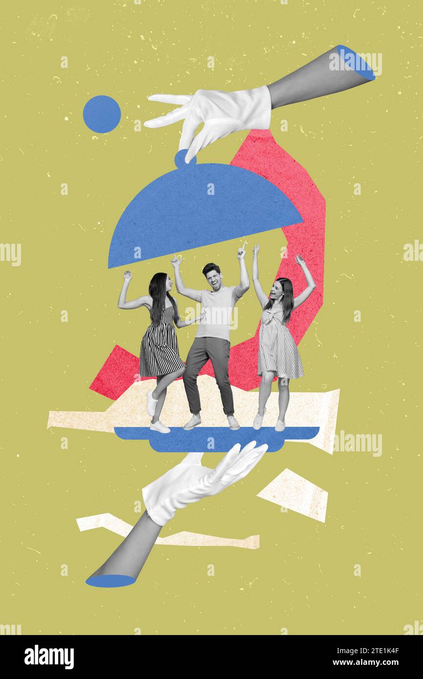 Vertical photo artwork minimal collage of three people buddies have fun ...