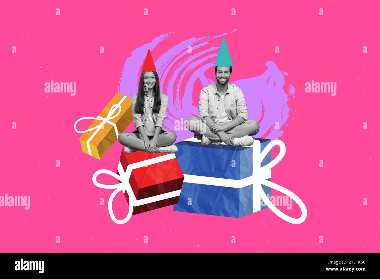 Creative illustration collage of young family couple sitting on gift ...