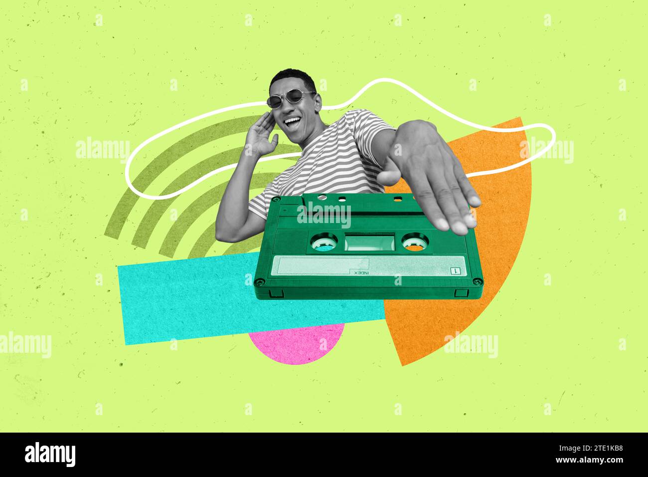 Exclusive collage placard of famous cool dj young guy touch cassette ...