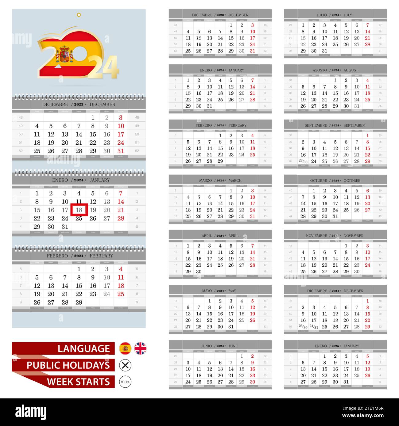 Spanish and English language calendar for 2024 year. Week starts from ...