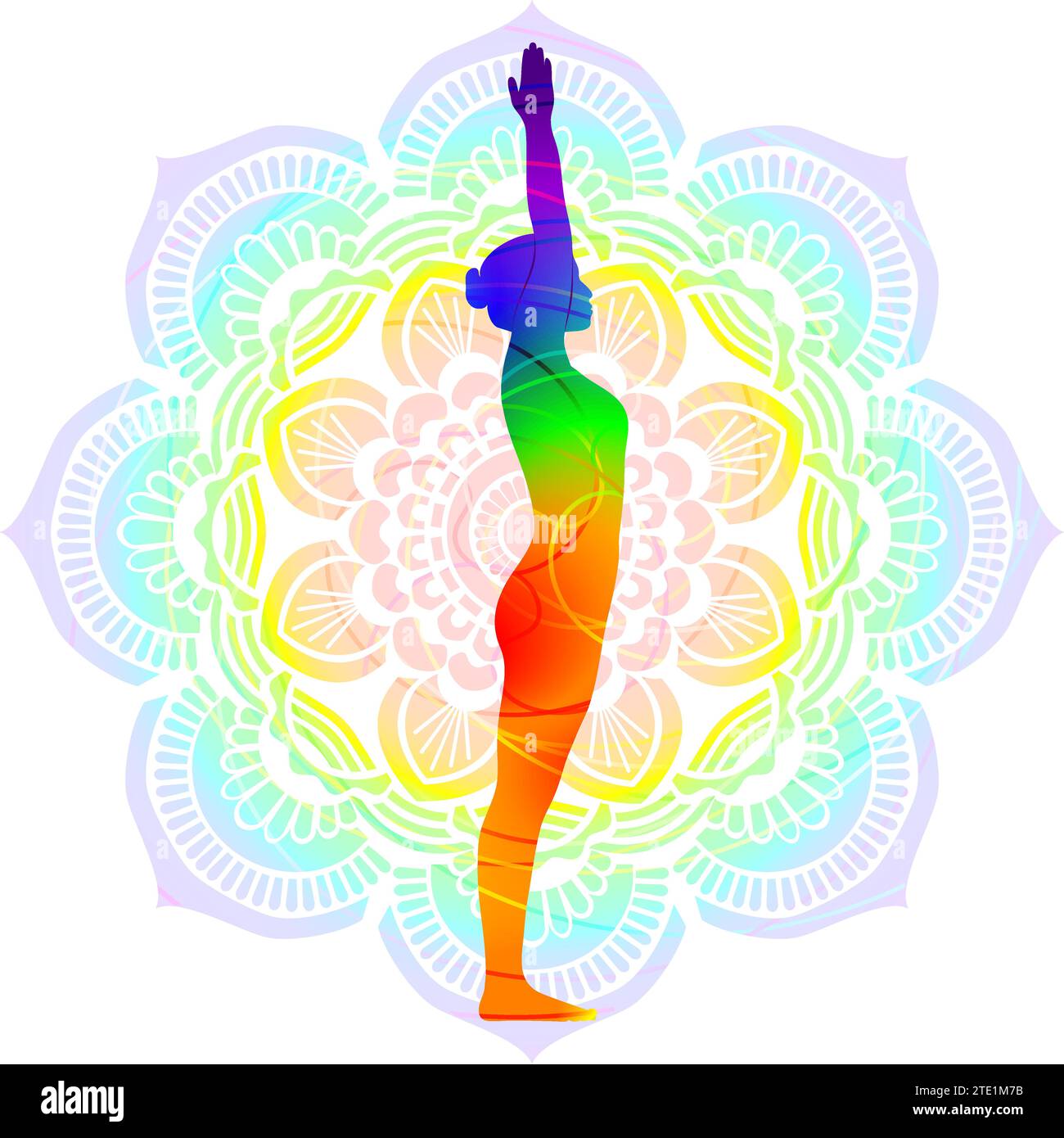 Colorful Silhouette Of Yoga Urdhva Vrikshasana Mountain With Arms Up