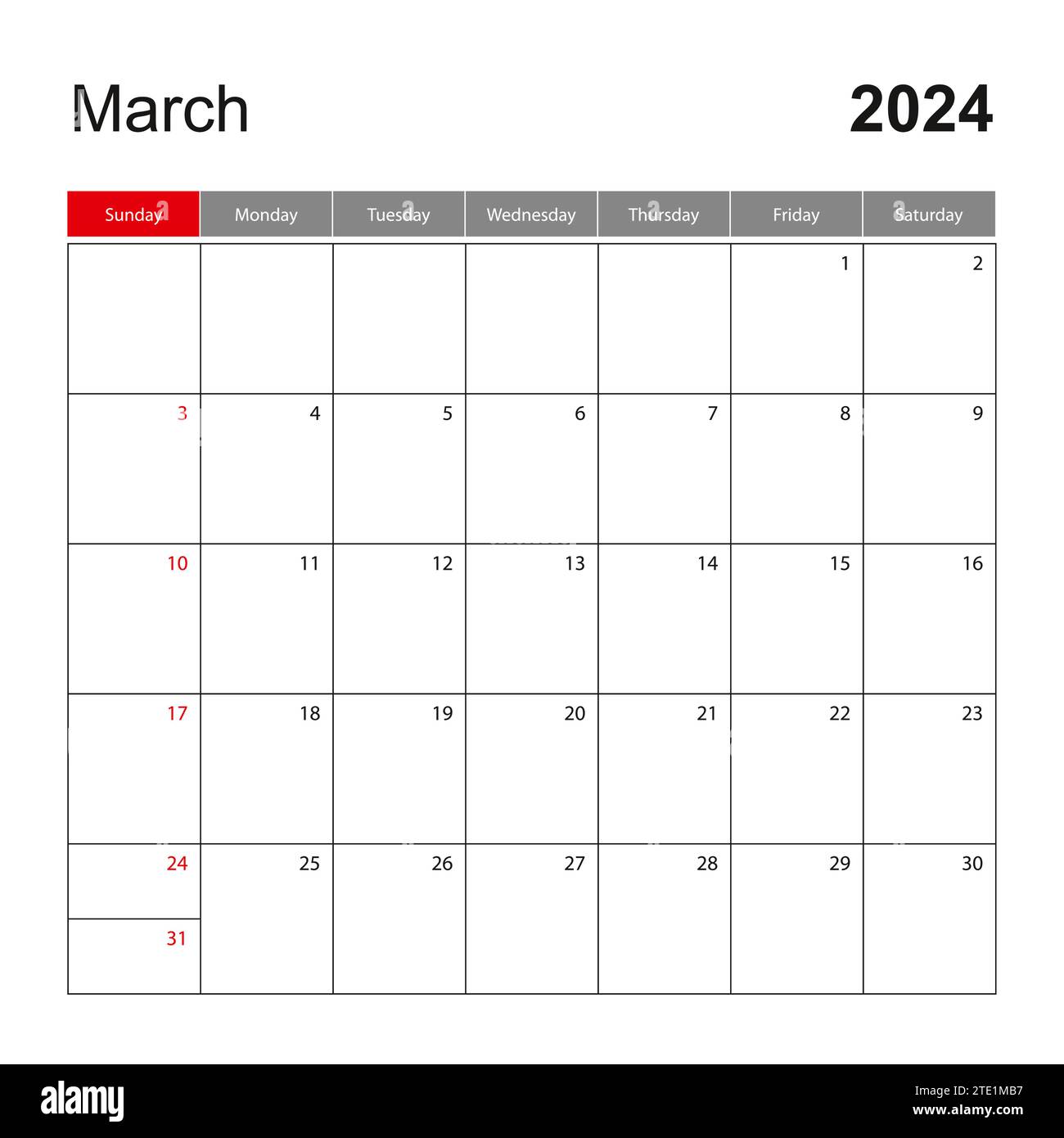Wall calendar template for March 2024. Holiday and event planner, week ...