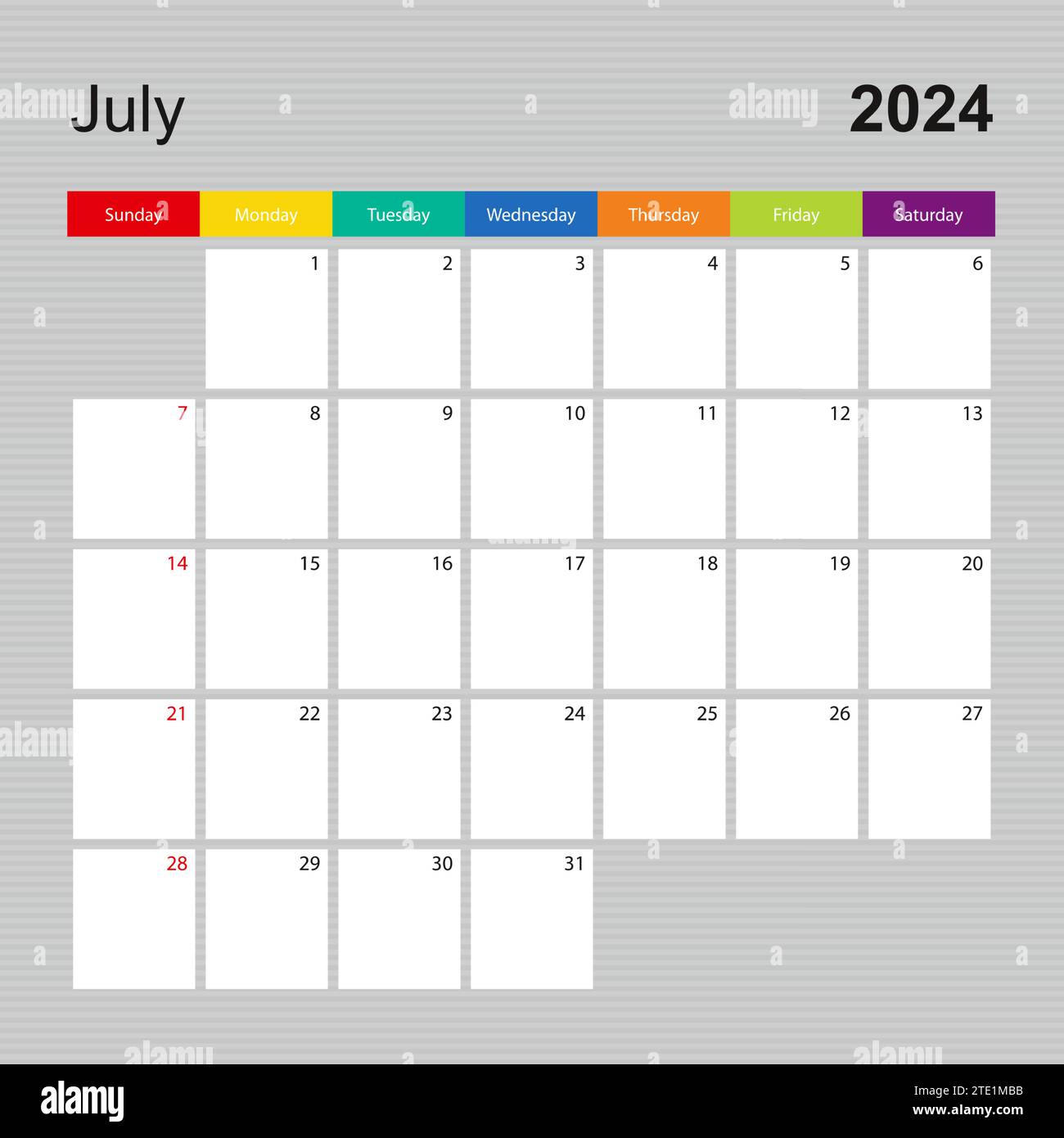 Calendar page for July 2024, wall planner with colorful design. Week ...