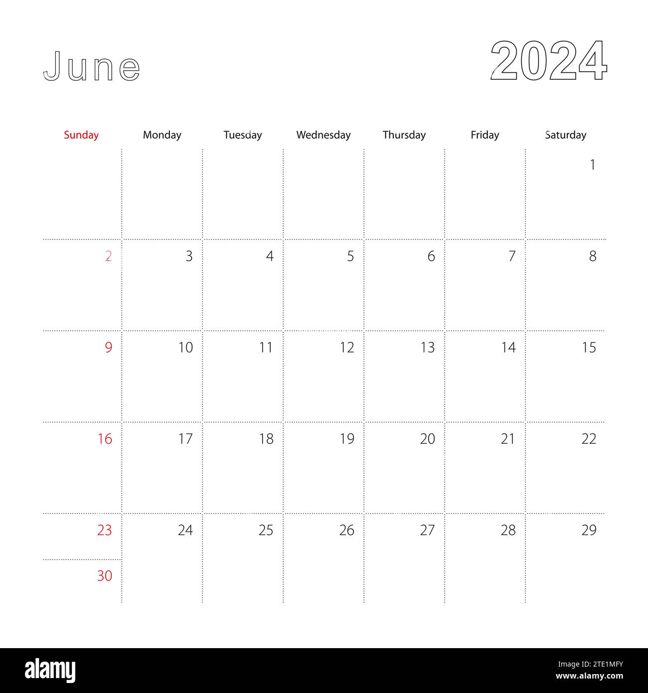 Simple wall calendar for June 2024 with dotted lines. The calendar is ...