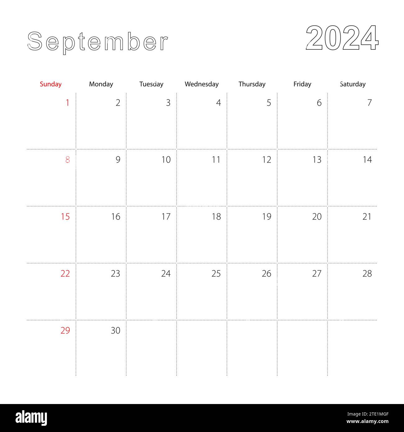 Simple wall calendar for September 2024 with dotted lines. The calendar ...