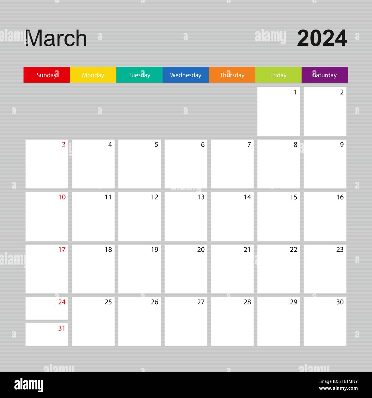 Calendar page for March 2024, wall planner with colorful design. Week ...