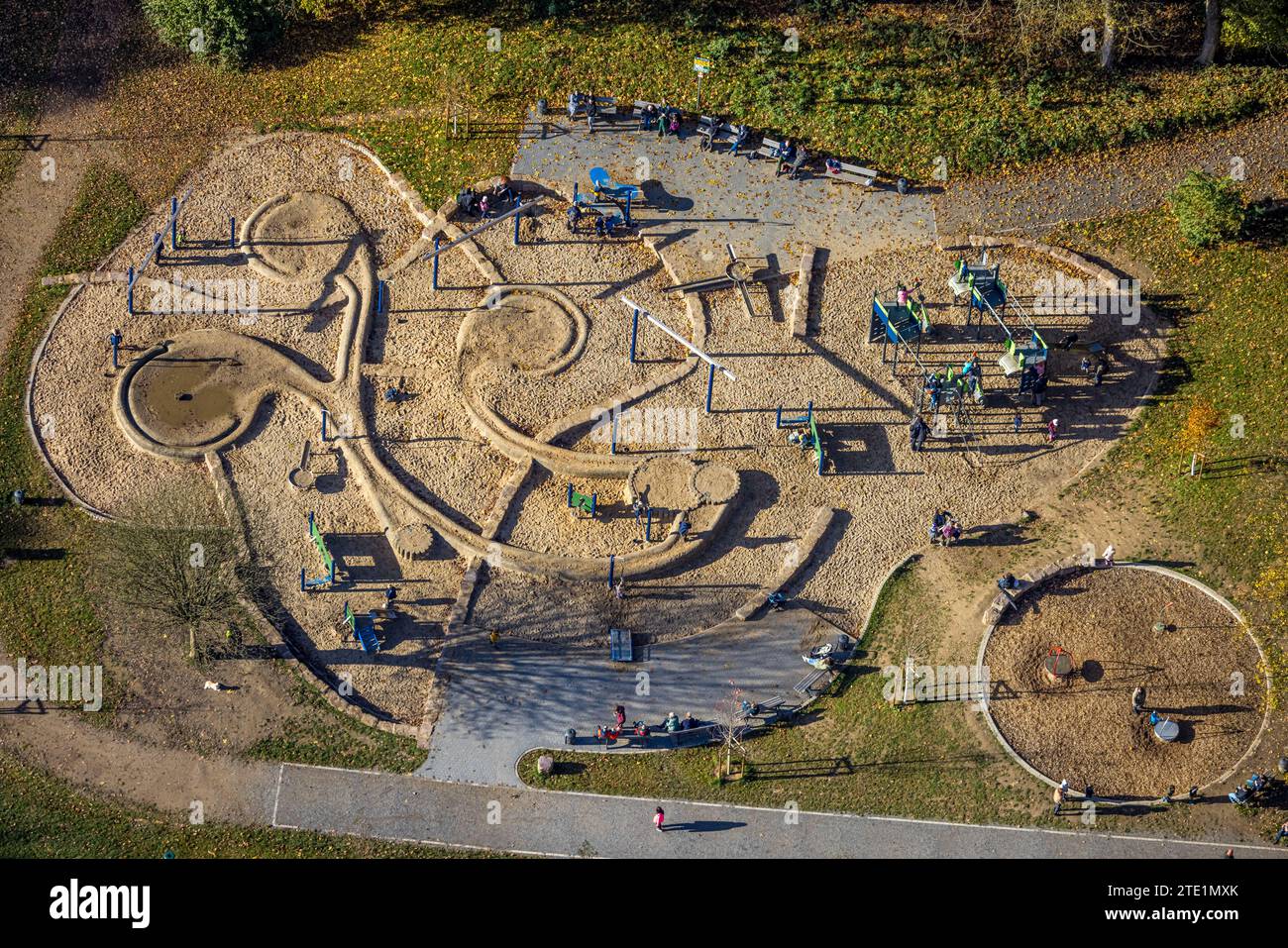 Aerial view, children's playground with water games on a meadow in the ...