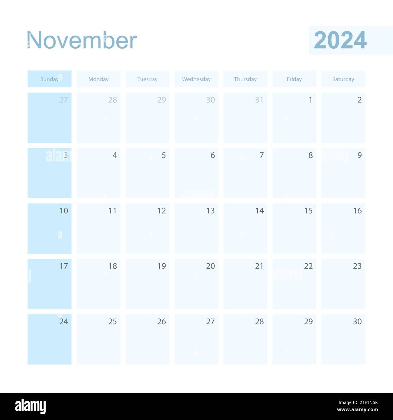 2024 November wall planner in blue color, week starts on Sunday ...