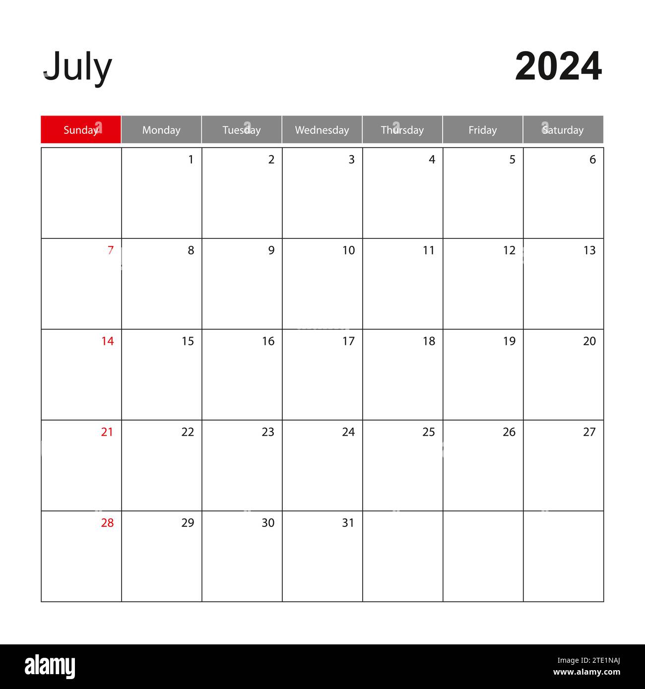 Wall calendar template for July 2024. Holiday and event planner, week ...