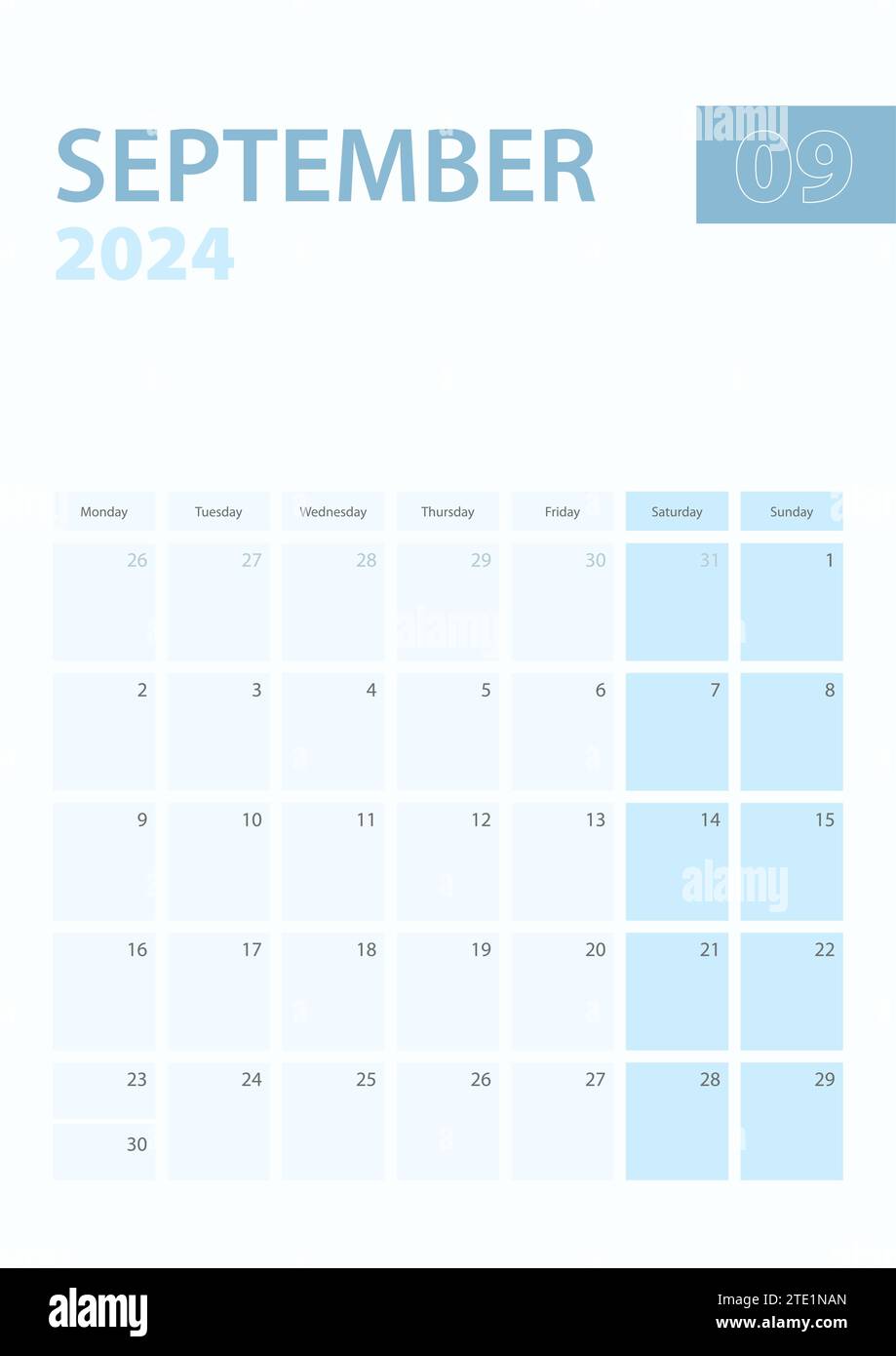 Vertical calendar page of September 2024, Week starts from Monday ...