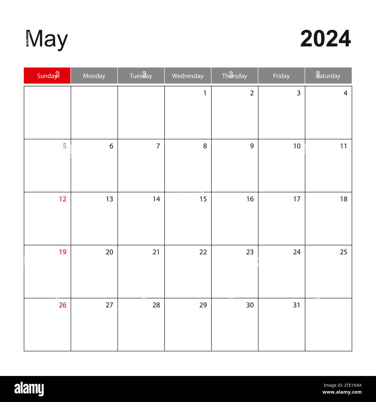 Wall calendar template for May 2024. Holiday and event planner, week ...