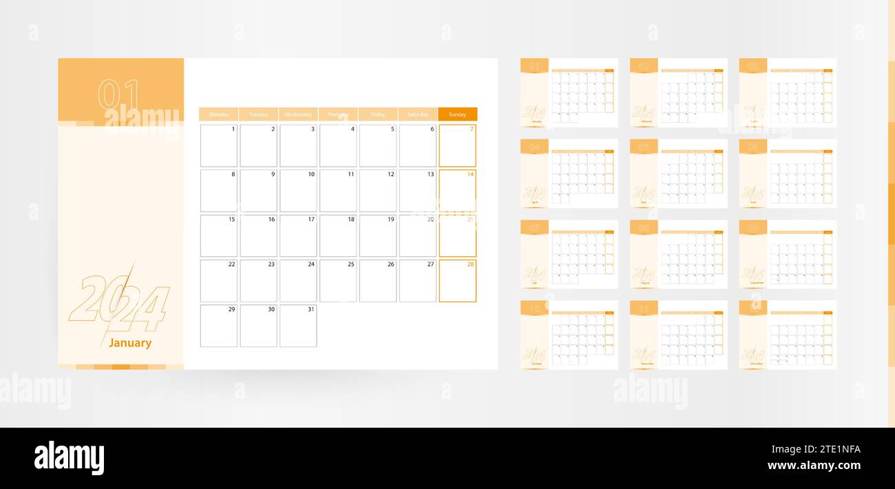 Horizontal planner for the year 2024 in the orange color scheme. The ...