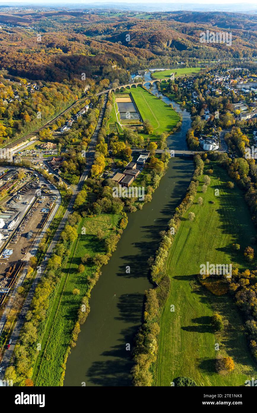 Aerial view, river Ruhr in the Ruhr valley with Ruhr bridge Bommern and ...