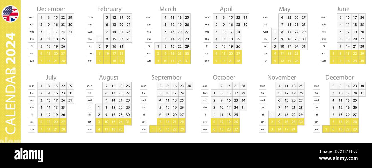 Calendar template for 2024 year, vertical grid design. Vector calendar ...