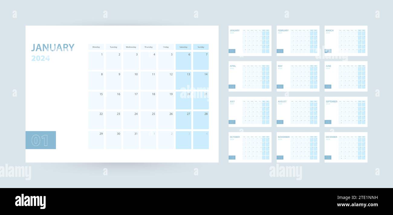 Monthly calendar template for the year 2024, the week starts on Monday ...