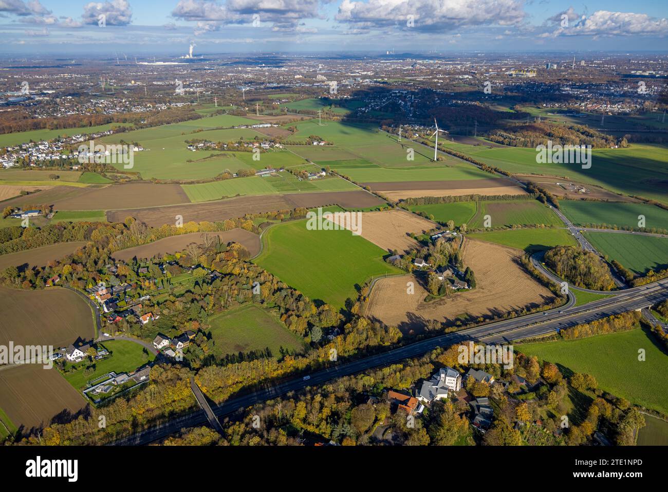 Aerial view, meadows and fields Tiefendorf and possible industrial area ...