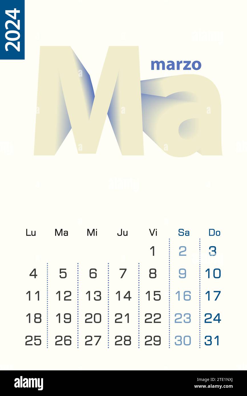 Minimalist calendar template for March 2024, vector calendar in Spanish ...