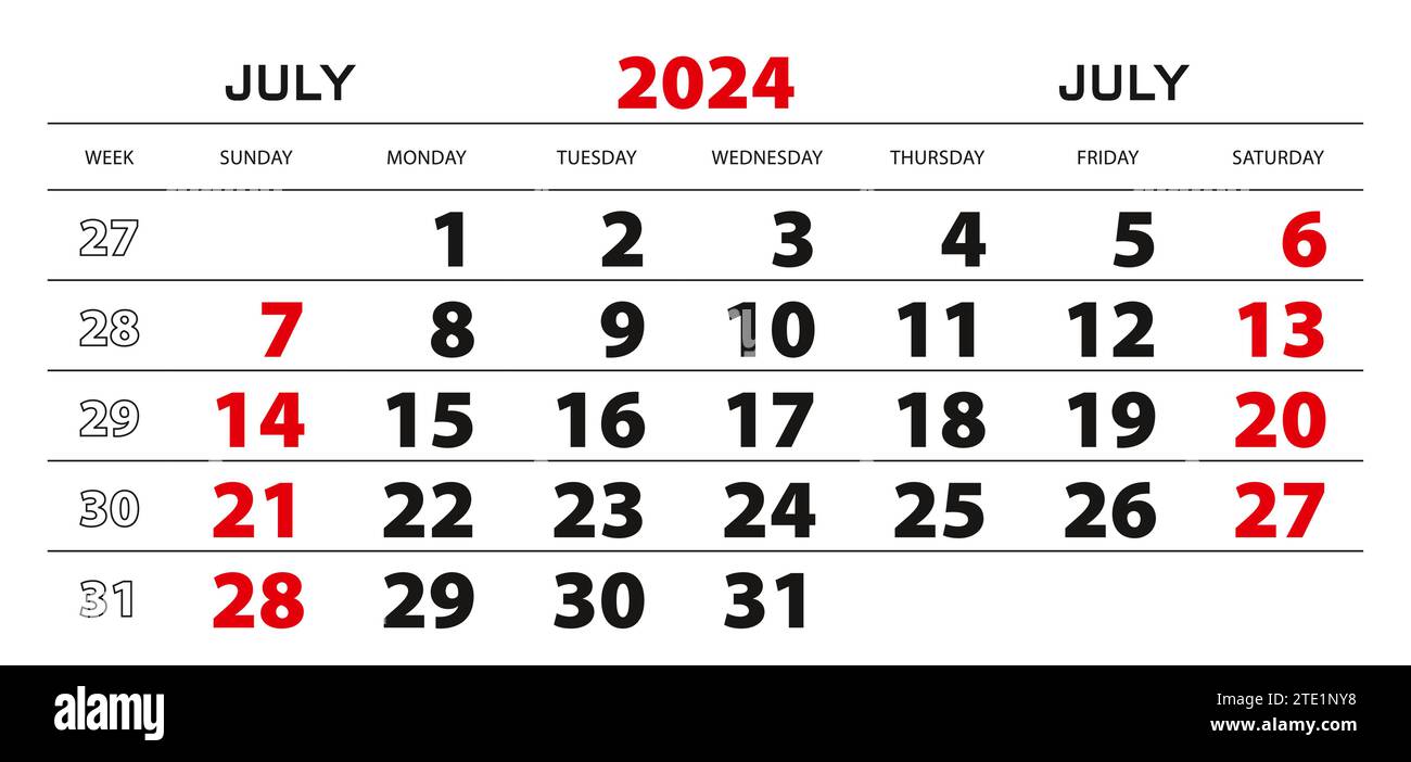 Wall calendar 2024 for july, week start from sunday. Block size 297x140 ...