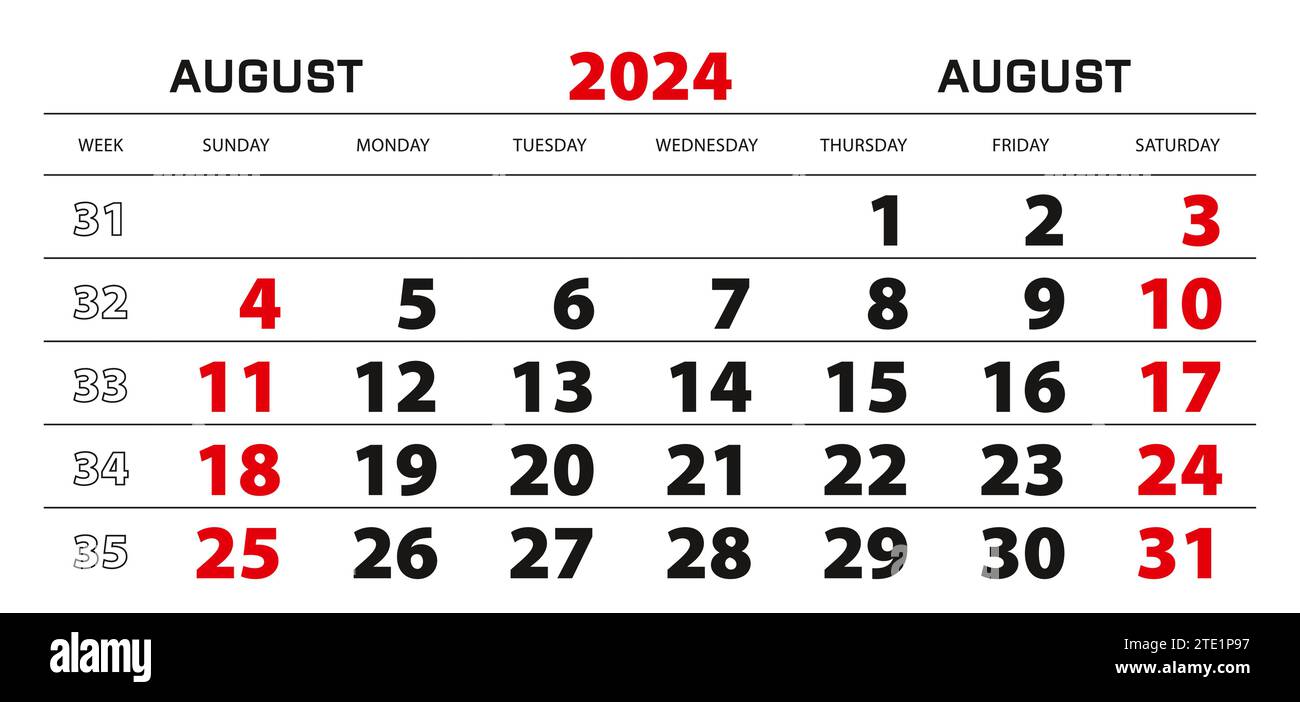 Wall calendar 2024 for august, week start from sunday. Block size ...