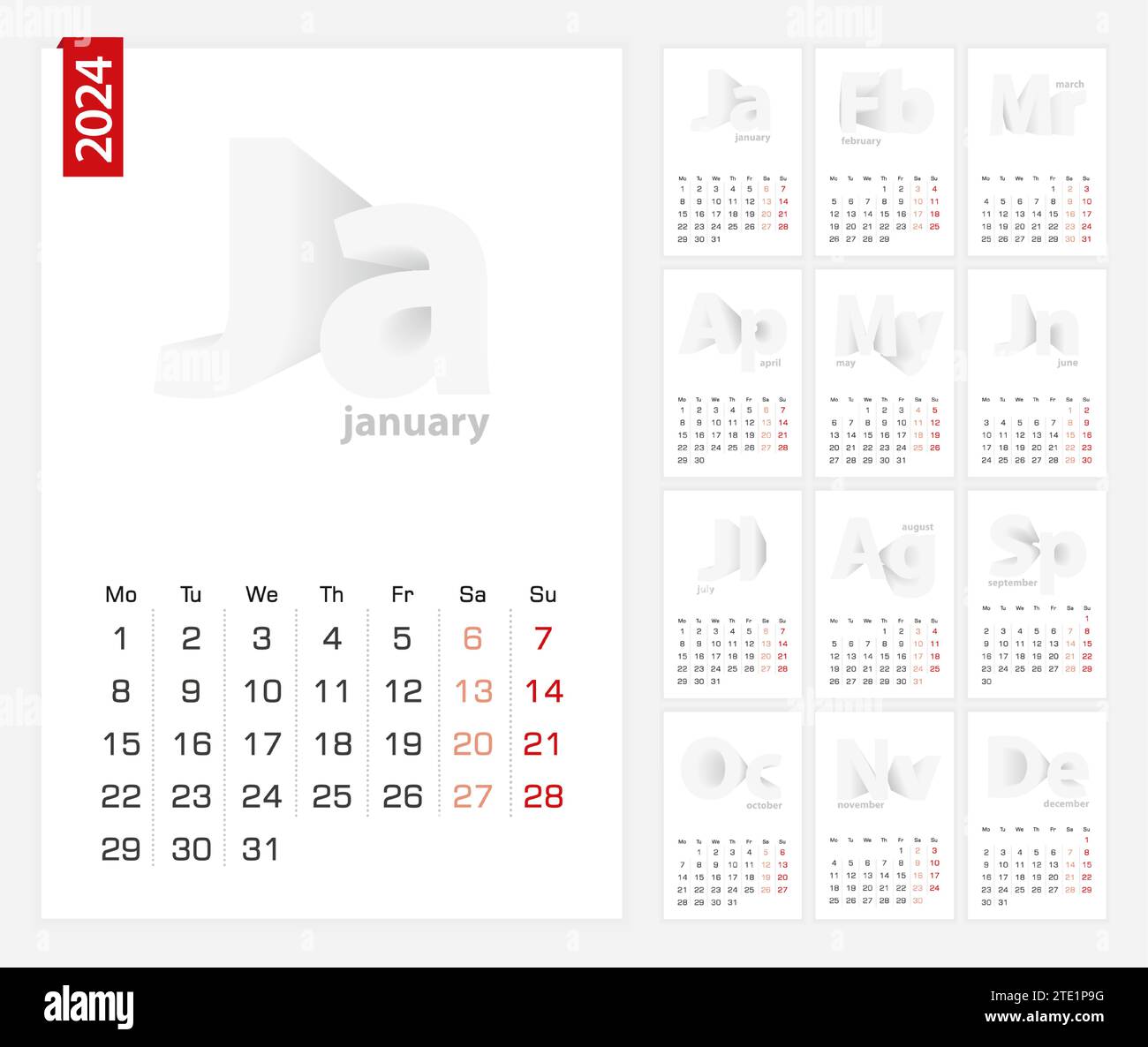 Calendar 2024 template, minimalist calendar set for 2024 year on grey ...