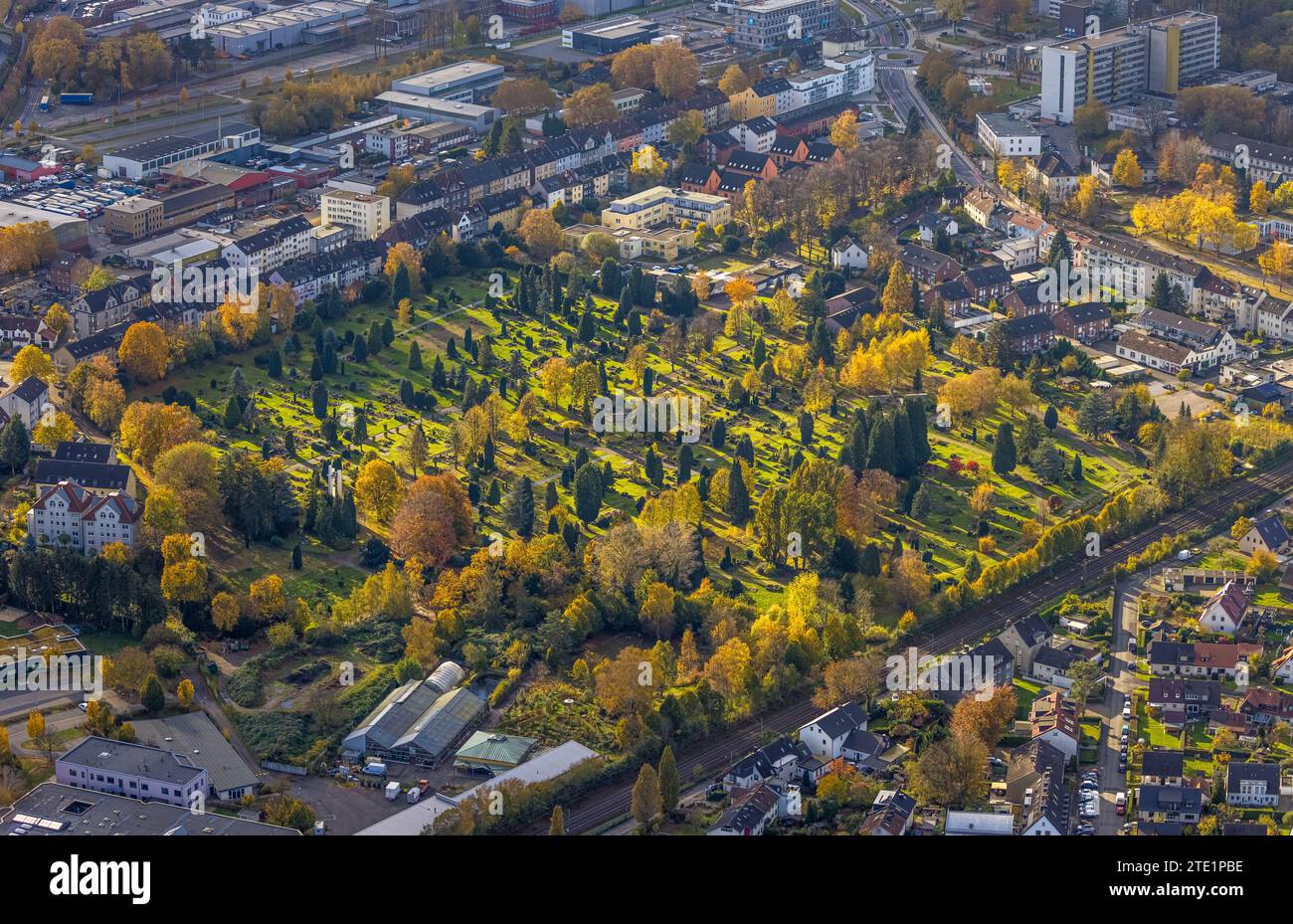 Aerial view, Protestant cemetery burial ground and urn graves ...