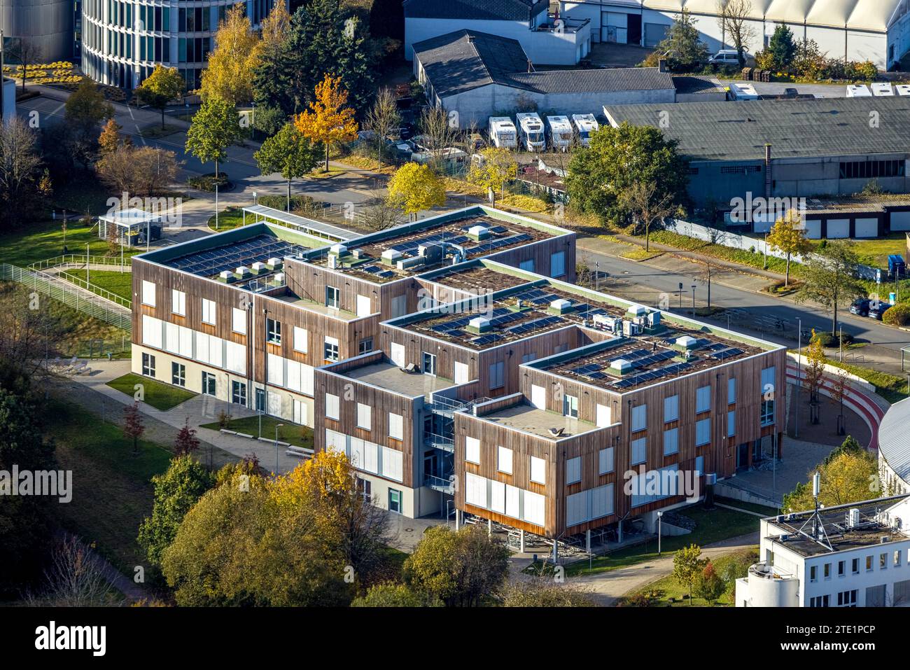 Aerial view, campus building in timber construction of the private ...