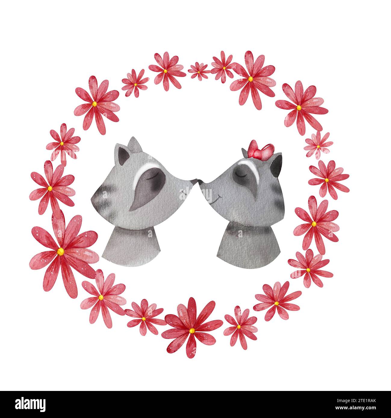 cute lovesick raccoons. watercolor illustration on framed in flowers ...