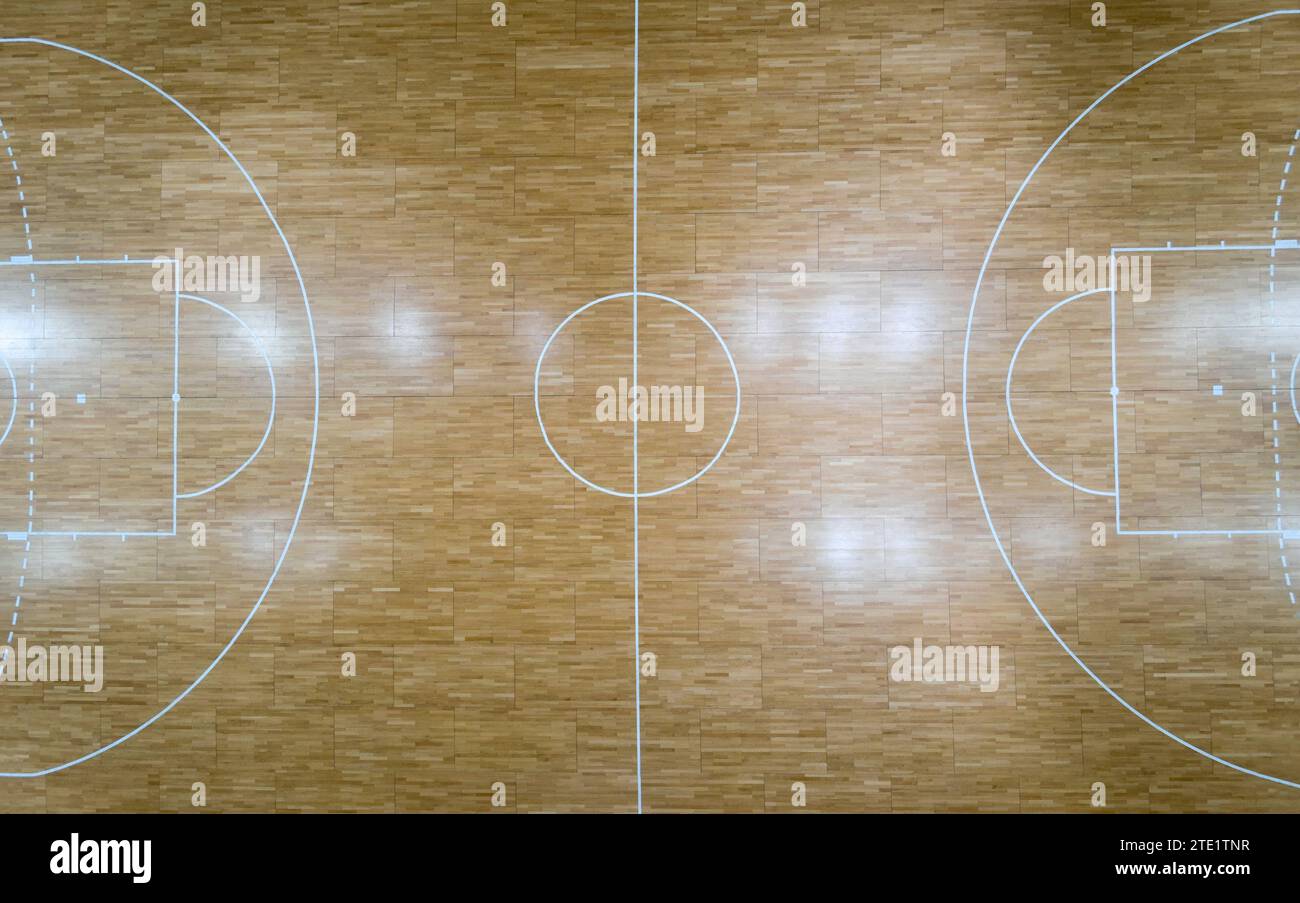 Parquet playing court for basketball, top view with ultra wide angle ...